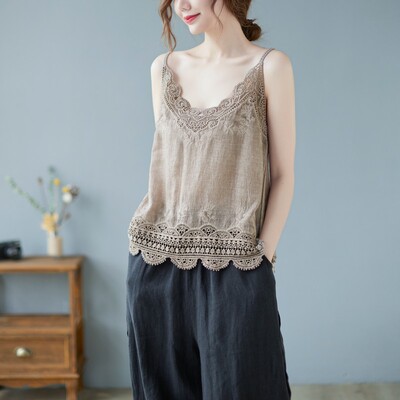 棉麻吊带小背心女2021夏装宽松大码气质镂空钩花内搭休闲亚麻上衣
