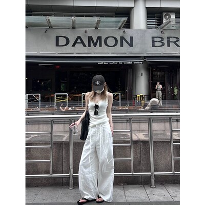 uuyeii  100苎麻宽松阔腿休闲裤女夏季薄款白色垂坠感拖地长裤子