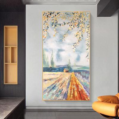 纯手绘风景油画现代简约玄关走廊过道尽头墙壁画金色树叶北欧挂画