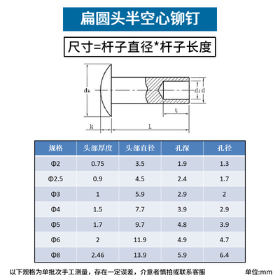 304不锈钢扁圆头半空心铆钉大扁头半空芯铆钉GB873m2m3m4m5m6m8