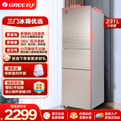 格力晶弘冰箱231升三门风冷无霜养鲜离子长效净室节能BCD-231WETG