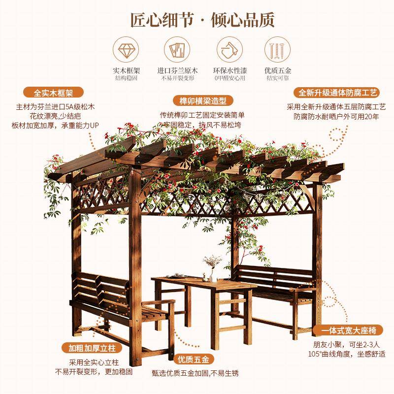 新款凉亭户外庭院花简易621小外室葡萄防腐木架桌椅木屋园实木亭