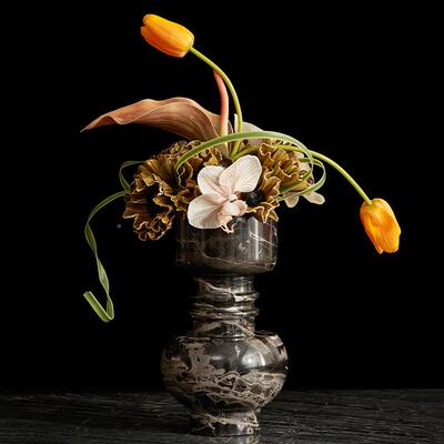 轻奢客厅壁龛上装摆饰件高端餐桌花花天BUL然石材大器理石瓶插花