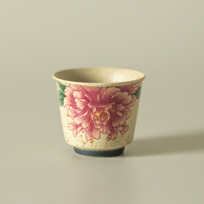 右汝40ml国色天香牡丹花陶瓷茶杯单杯品茗杯复古印花主人杯功夫茶