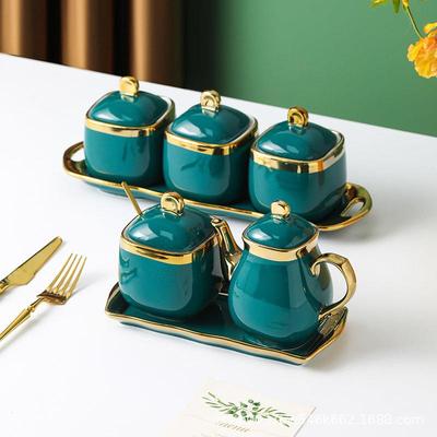 陶瓷油壶醋壶家用厨房金边陶瓷方形调料瓶套装辣椒缸调料罐组合