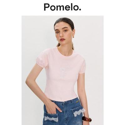 Pomelo x Janesuda 浅粉色花卉泡泡袖时尚修身短袖上衣女