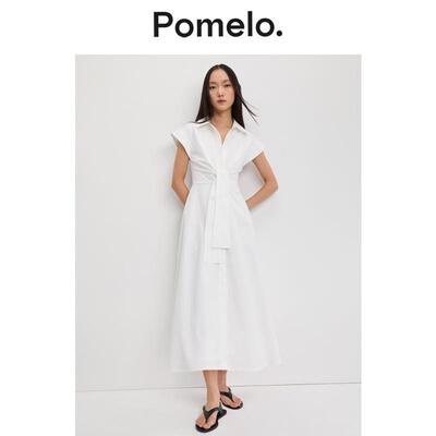 Pomelo 法式气质白色连衣裙衬衫领收腰系带显瘦通勤中长款连衣裙