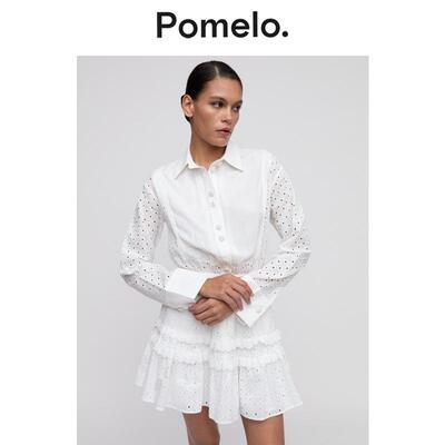 Pomelo气质白色蕾丝衬衫裙翻领收腰显瘦小个子短款蛋糕裙连衣裙