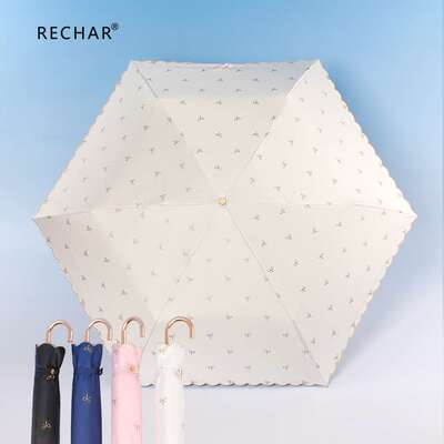 现货RECHAR刺绣蝴蝶结弯柄三折伞弯钩女晴雨两用女生遮阳伞太阳伞