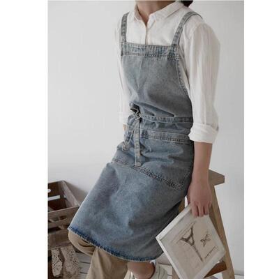 牛仔围裙厨房家用日式工装美甲美术生工作女围腰感新款
