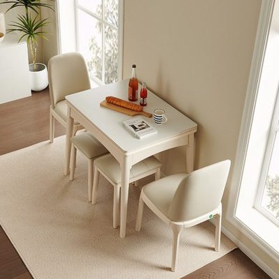 餐桌家用可折叠伸缩小户型省空间法式奶油风岩板实木饭桌子长方形
