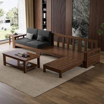 新款家胡桃木实合木沙LSO发现代简约客厅用黑中式沙发组家具纯实