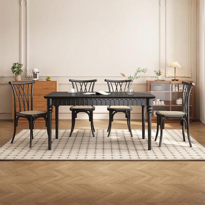 复法式古餐桌长型方户形家用小餐椅简易美式家庭黑色实FJK木餐桌