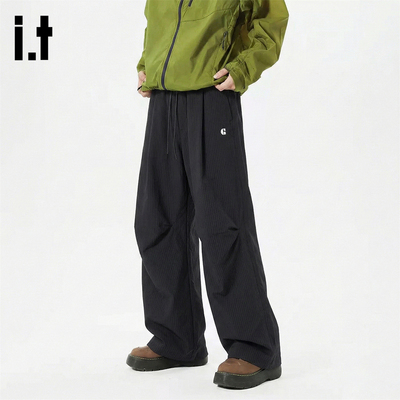 GROUND ZERO美式工装风黑色阔腿裤男宽松直筒休闲长裤