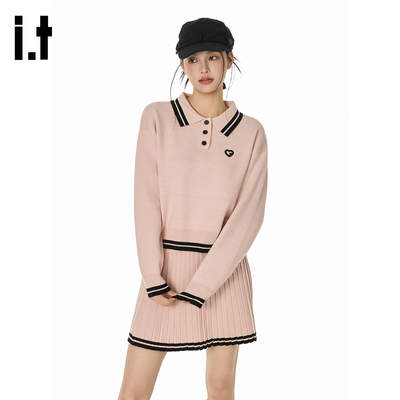 it GROUNDZERO 学院风宽松翻领撞色套头毛衣针织衫女休闲显瘦上衣
