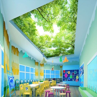 绿色大自然风景吊顶壁纸立体空间壁画房顶贴纸天花板蓝天白云壁布