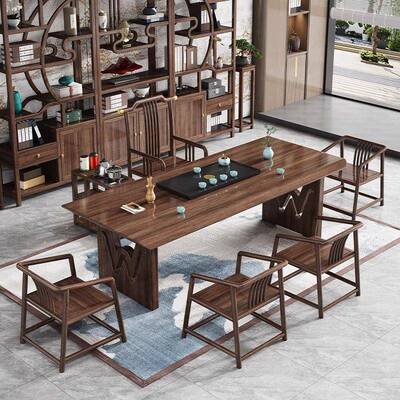 乌金原木茶FJX台中新式茶实木大板木整块干泡茶桌一体一整套桌椅