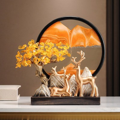 黄水晶发财树福鹿流沙画摆件客厅玄关装饰办公室乔迁开业礼物招财