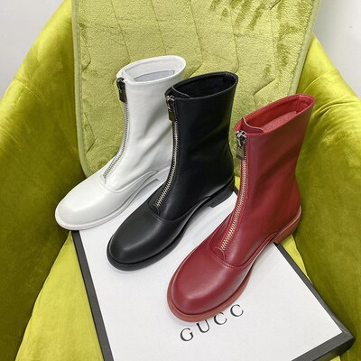 guidi鬼帝靴子女短靴秋季透气单靴白色前拉链马丁U靴小码大码女靴