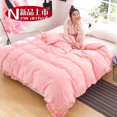 简约纯色磨毛被套单件220*240粉色花边被罩公主粉1.8T米床200x230