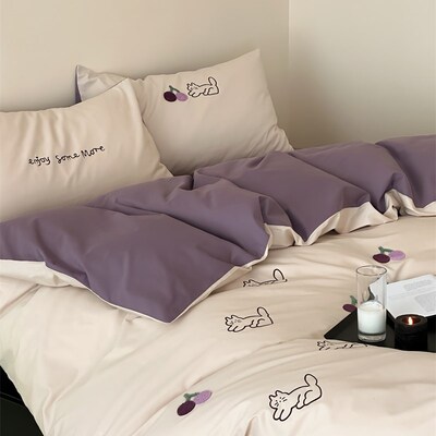 100支纯棉磨毛刺绣葡萄猫咪四件套全棉1.5Km1.8米床上用品床单被