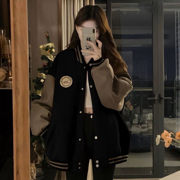 跨境慵懒风棒球服外套女秋冬加绒加厚复古宽松休闲开衫卫衣ins潮