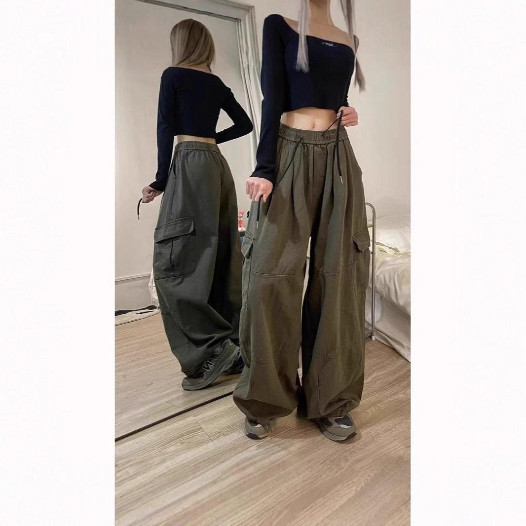 美式复古多口袋工装裤子女春秋潮牌高街宽松直筒阔腿百搭束脚长裤