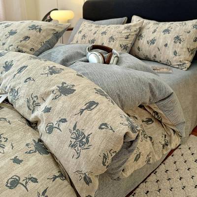 A类冬母婴四件舍套级床单款zjf45645加厚原麻亚麻皱皱纱印秋花宿