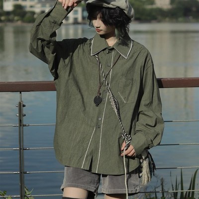 牧游昏昏日系复古水洗做旧脏染宽松长袖衬衫廓形纯棉中性外套男潮