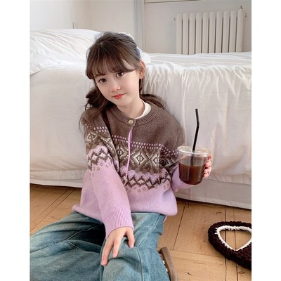 童装2024秋装新款女童洋气针织开衫儿童宝宝宽松春秋季撞色毛衣潮