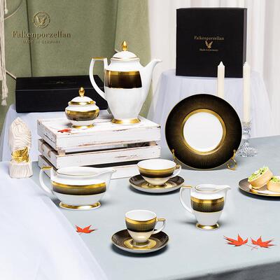 德国进口Falken陶瓷餐具欧式24K金奢华杯碗碟酒店摆台黑金套装