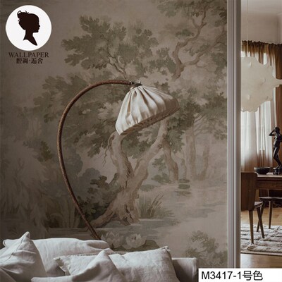 腔调壁画米色绿色植物森林怀旧质朴卧室客厅墙纸定制M3417