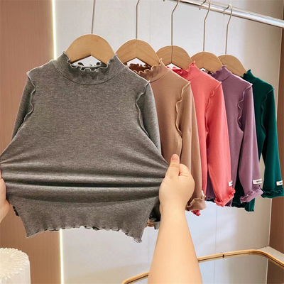 2023新款女童木耳边长袖T恤秋装韩版基础款打底衫女宝宝薄棉上衣