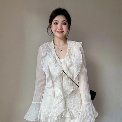 大码胖mbm夏季新款法式温柔套装小众设计长袖荷叶边衬衫短款两件