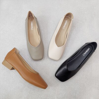 2.5cm高方头粗跟软皮单鞋百搭工作鞋OLK软底新款职业黑色低跟女鞋