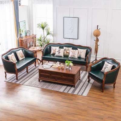 美式乡村全实木皮艺沙发复古皮布艺欧式沙发小户型客厅组合家具