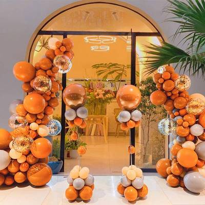2025新款开业橙橘色系气球链拱门飘空地爆球店铺装饰氛围场景布
