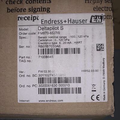 Endress  Hauser Deltapilot S FMB7065J70 Hydrostatic Level Me