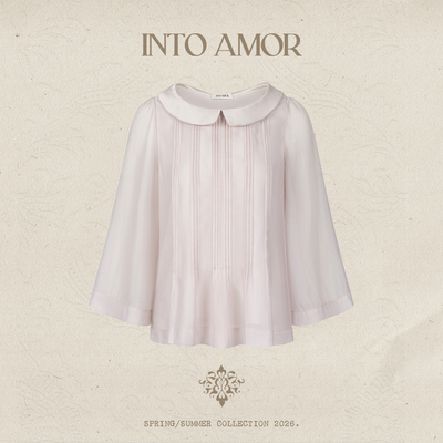 INTO AMOR春夏女法式复古大圆领塔克褶醋纤混纺领中袖衬衫上衣