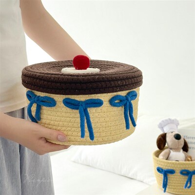 黄色布丁手工编织收纳筐可居棉绳桌面杂物零食带盖收纳盒收纳