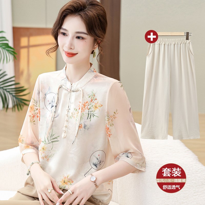 中年妈妈夏季新中式复古小衫上衣宽松薄款气质两件套装中老年衬衫