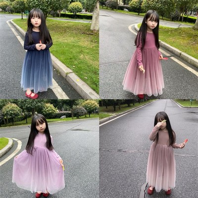 2023秋冬女童洋装 儿童加厚柔软长袖烫钻渐层纱裙 公主连身裙子