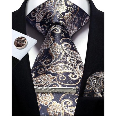 Mens Tie Set Silk Silver Paisley Floral Necktie and Pocket S