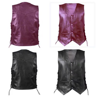 Mens Leather Vest Vneck Singlerow Button Side Straps Short S