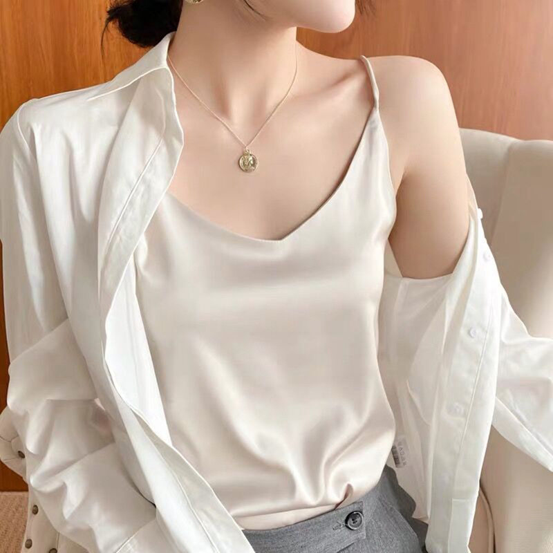 2023夏新款真丝吊带女V领背心缎面外穿西装内搭打底桑蚕丝
