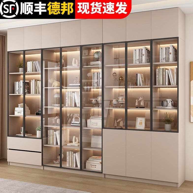 书柜带顶柜加高玻璃门展示柜一体整墙到顶轻奢定制客厅储物柜家用