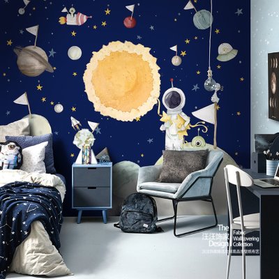 游园 现代简约北欧儿童房环保无缝墙布 星球 太空 宇航员背景壁布