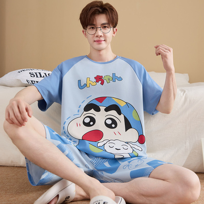 蜡笔小新睡衣男士夏季短袖薄款纯棉青少年可爱宽松大码可外穿套装