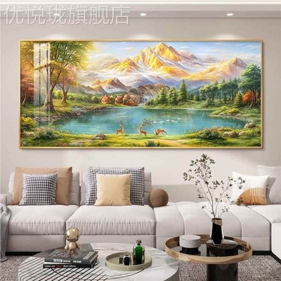网红级发聚宝客盆山水画靠图厅装挂饰画轻奢O高山感沙背景墙画新