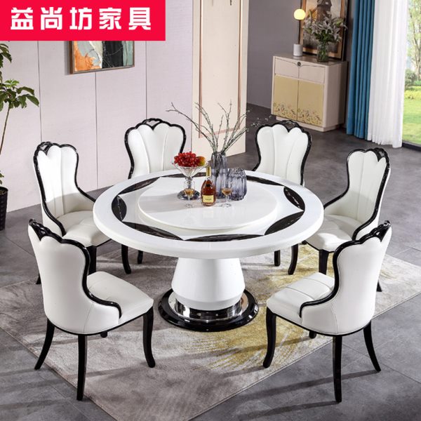 益尚坊大理石圆形餐桌椅组合黑白色简约现代轻奢转盘饭桌别墅圆桌